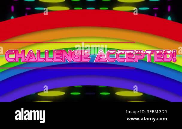 Animation of start text banner over rainbow icon against neon shapes in ...