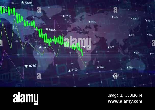 Animation of financial graphs and data over world map. Finance, economy ...