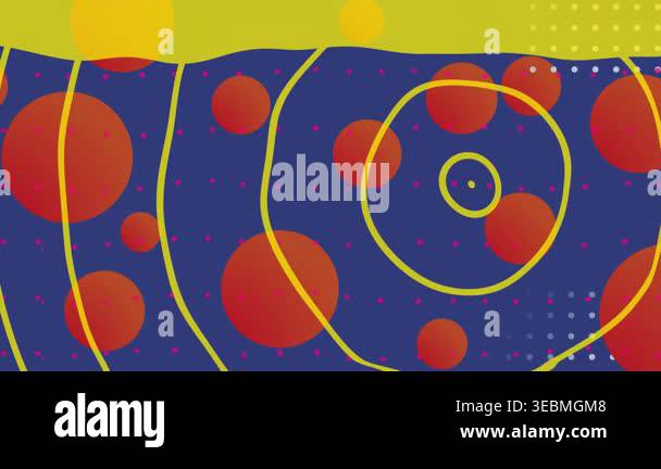 Animation of yellow circles over orange circles and pink dots on blue ...