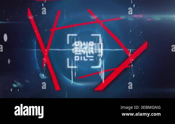 Animation of data processing and qr code over neon lights. Global data ...