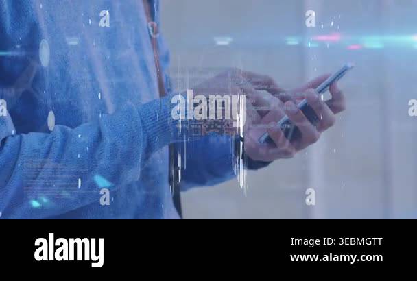 Animation of shapes, lights and qr code over hands of caucasian man ...
