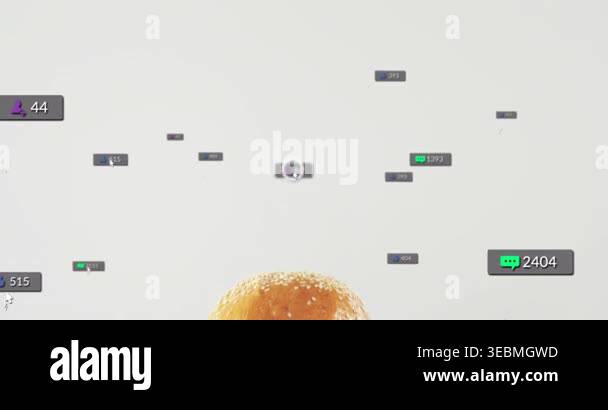 Sesame burger and fries rising as badges multiplying, cursor clicking ...