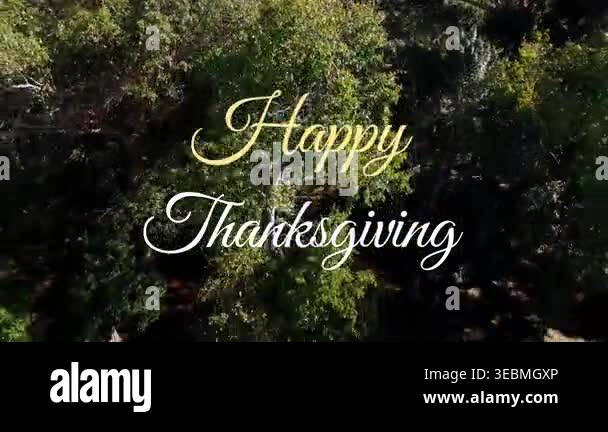 Animation of happy thanksgiving text banner against aerial view of ...