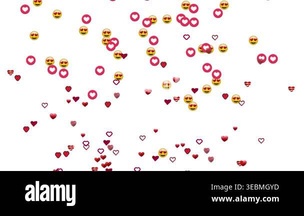 Animation of heart and emoji icons on white background. social media ...