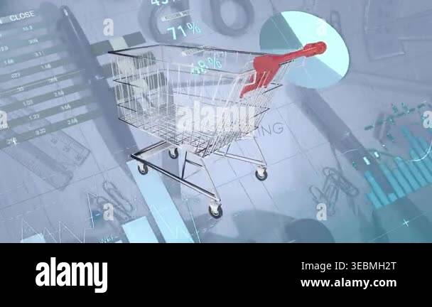 Animation of data processing over shopping cart. Global business and ...
