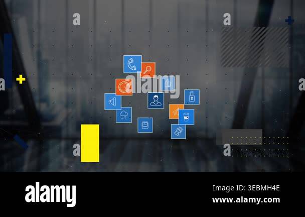 Animation of media icons over cityscape. Global social media ...