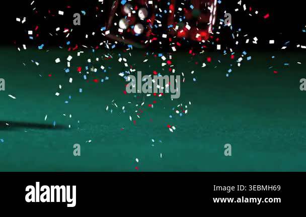 Animation of red dices and confetti on black background. Party ...