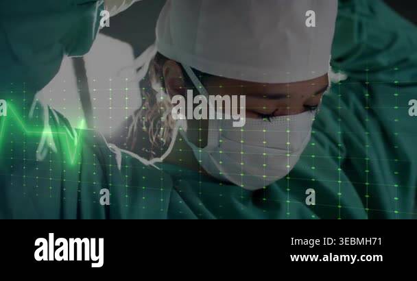 Surgeon preparing for surgery with green heartbeat animation over ...