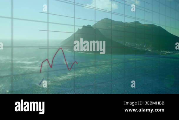Animation of data processing and diagrams over landscape. Global ...