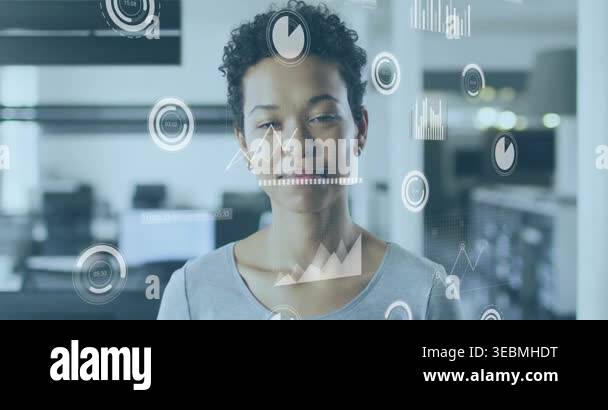 Businesswoman in office with data analytics and charts animation ...