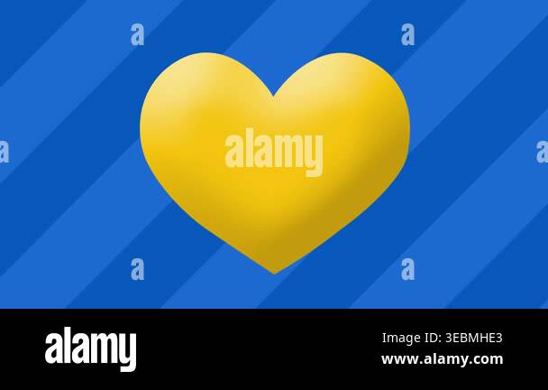 Animation of yellow heart icon beating against blue striped background ...