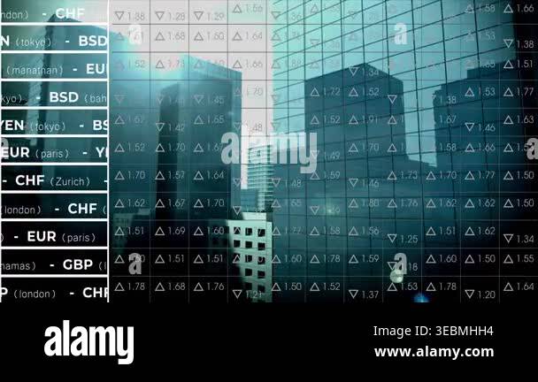 Animation of multiple countries currency names, triangles against ...