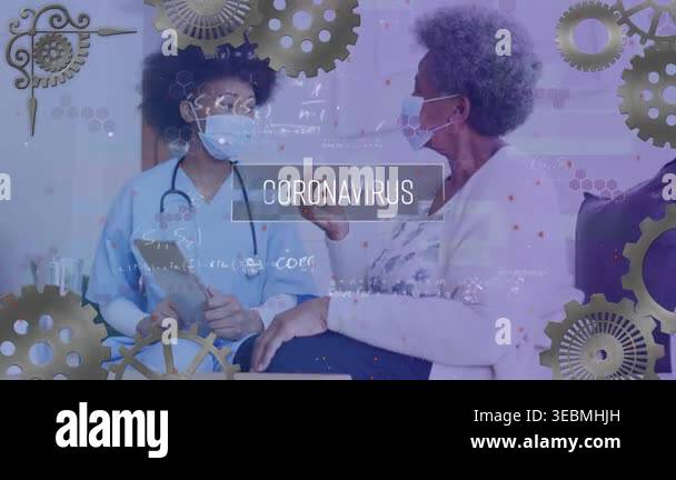 Animation of coronavirus text and cogs over african american doctor and ...