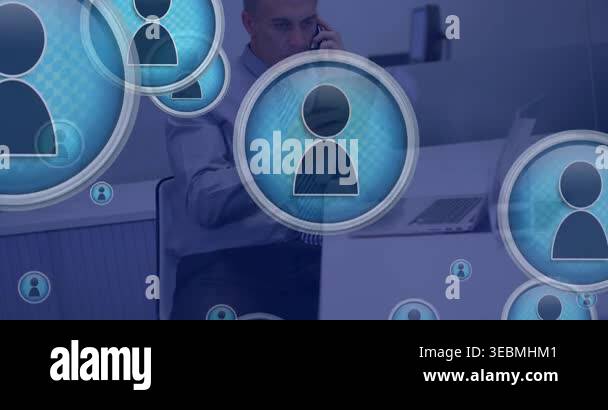 Animation of people icons over caucasian businessman with tablet ...