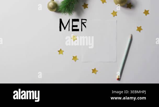 Animation of merry christmas text over christmas decorations on white ...
