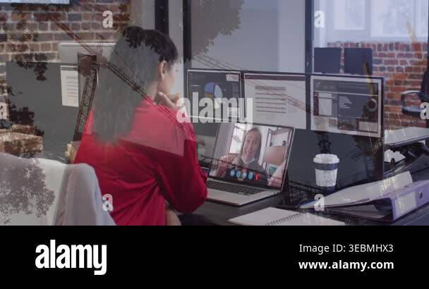 Animation of financial data processing over business people in office ...