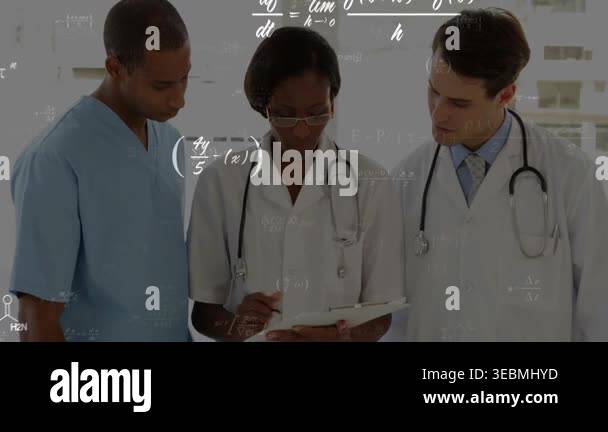 Lead doc writing on clipboard while medical team leaning, formulas ...