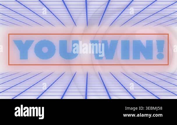 Animation of neon you win text banner over grid network against white ...