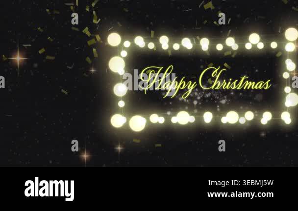 Animation of happy christmas text over fairy lights banner against ...
