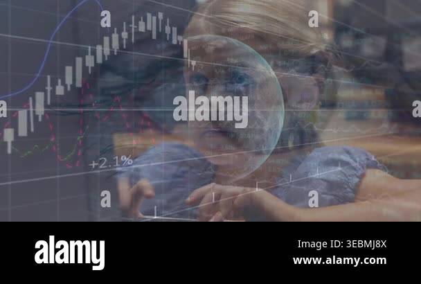 Animation of data processing over schoolchildren looking at globe in ...