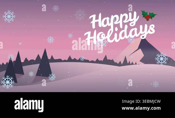 Happy Holidays text animation over snowy landscape with falling ...