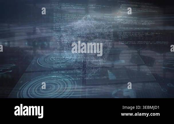 Animation of digital shield and qr code over data processing on blue ...