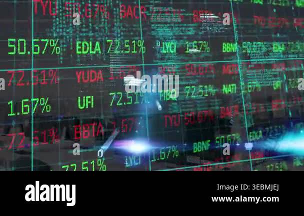 Animation of trading board, computer language and binary codes over ...