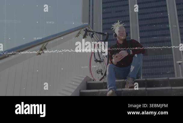 Man using smartphone on urban stairs, with waveform and data ...