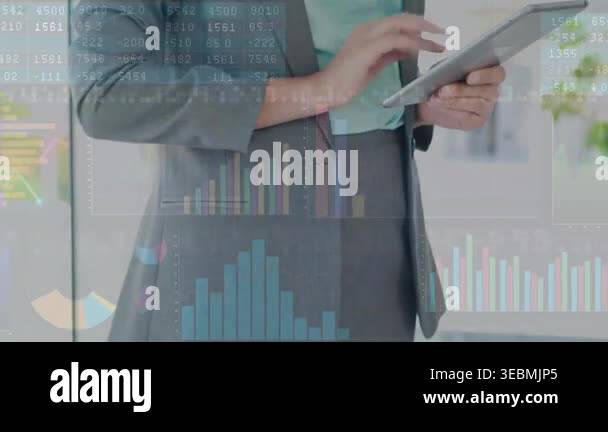 Tapping dashboard businesswoman holding tablet swiping pinching charts ...