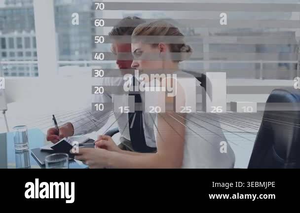 Animation of statistical data processing over caucasian man and woman ...
