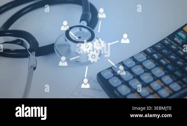 Animation of business icons over stethoscope and calculator. Medicine ...