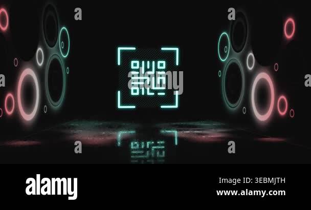 Animation of neon qr code with circles over black background. global ...