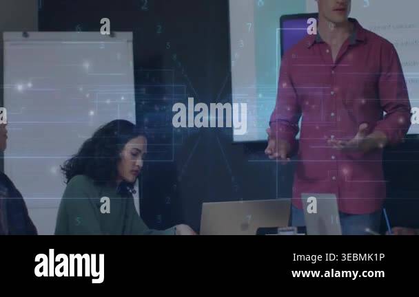 Man presenting digital data animation over diverse colleagues in modern ...