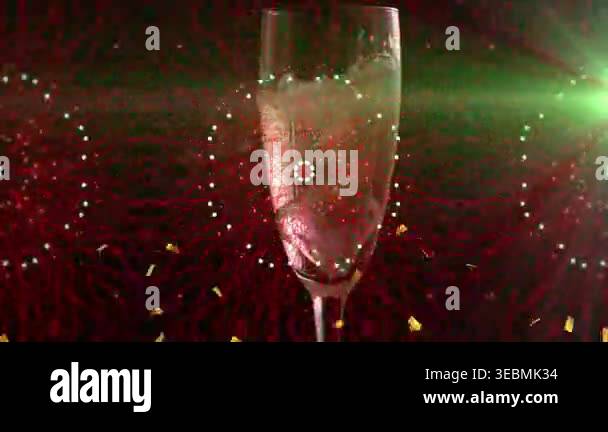 Animation of shapes and confetti over glass of champagne. Party ...