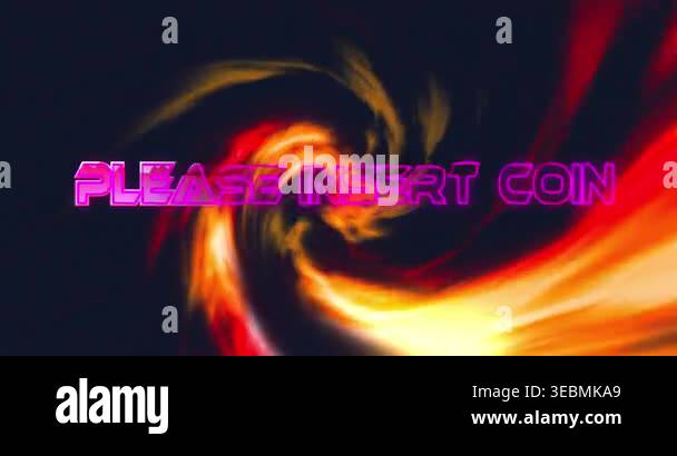 Animation of please insert coin text over neon shapes on black ...