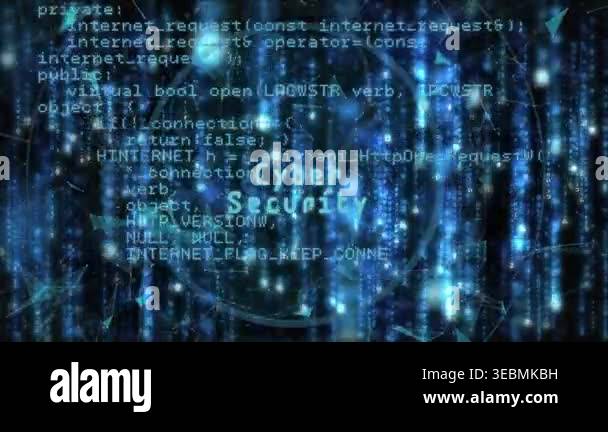 Animation of cyber security text over round scanner and data processing ...