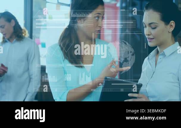 In school, discussing data with digital analytics overlay, two women ...