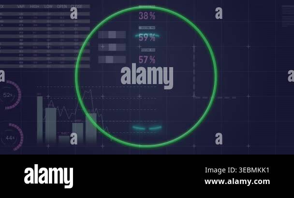 Animation of neon green round banner and statistical data processing ...