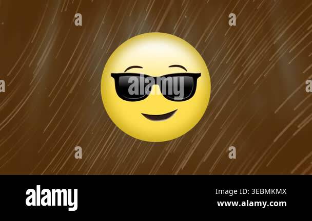 Animation of light trails over sunglasses face emoji against grunge ...