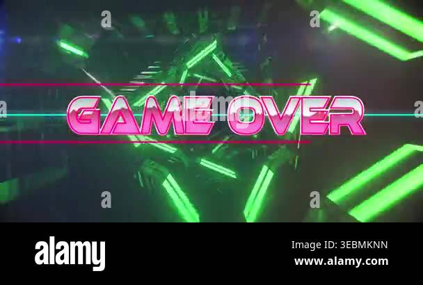 Animation of game over text in pink metallic letters over green neon ...
