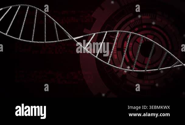 DNA strand over red and black digital interface, scientific data ...