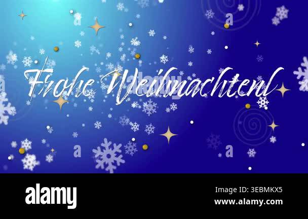 Animation of frohe weihnachten text over snow falling on blue ...