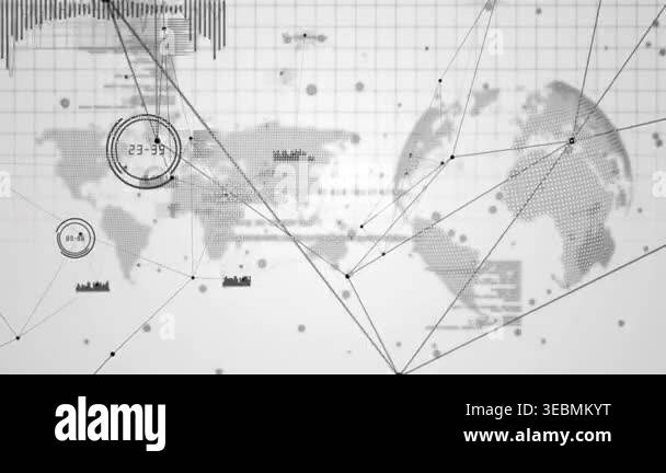 World map with connecting lines and data points, global network ...