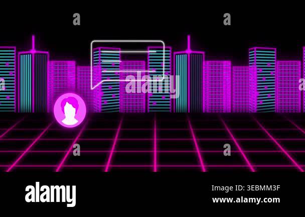 Animation of media icons over city. Social media and digital interface ...