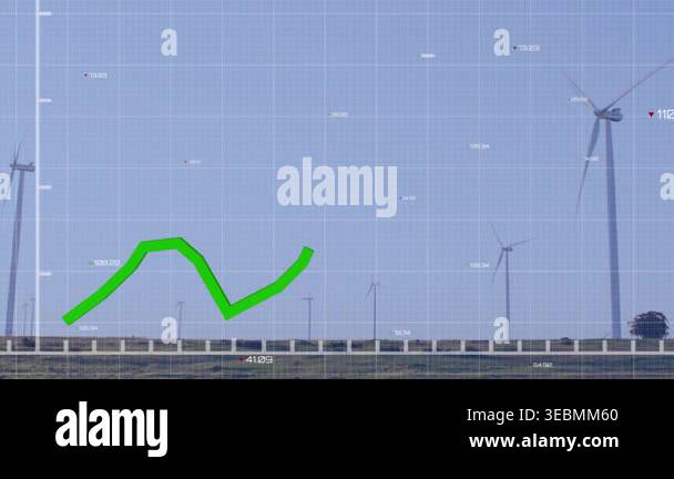 Animation of green line, data processing over wind turbines. Global ...