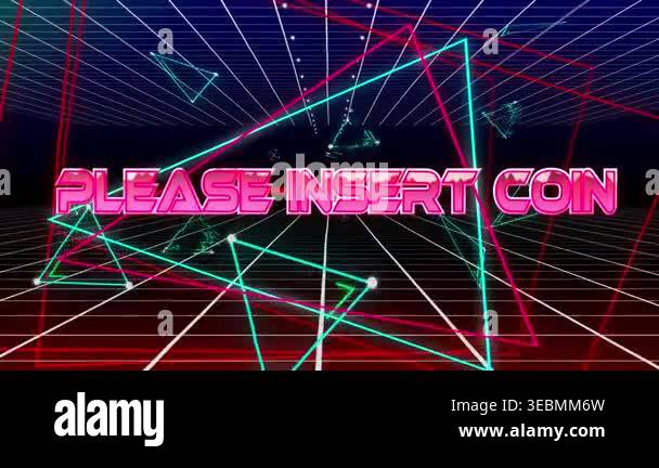 Animation of plead insert coin text over geometrical shapes on dark ...