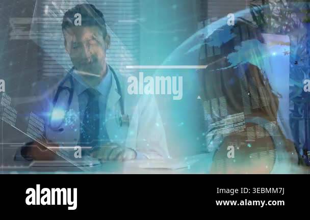 Animation of scientific data processing over caucasian male doctor with ...