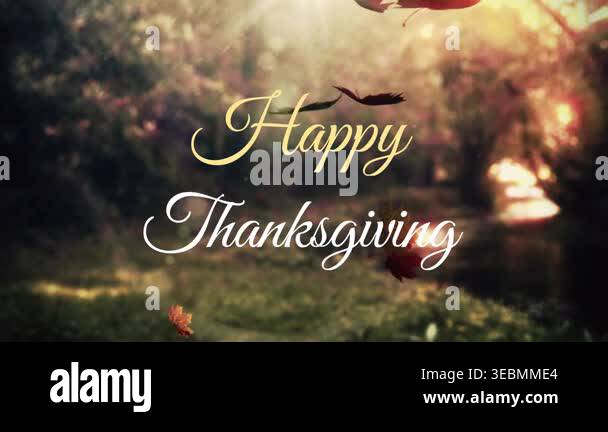 Animation of happy thanksgiving text banner and autumn leaves falling ...