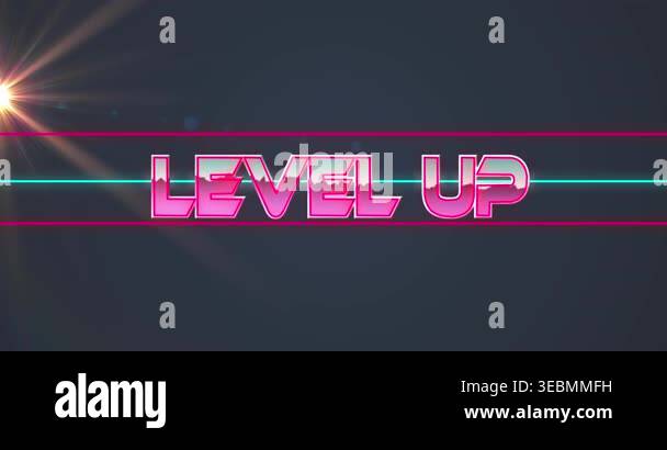 Animation of level up text over neon banner and light spot against grey ...
