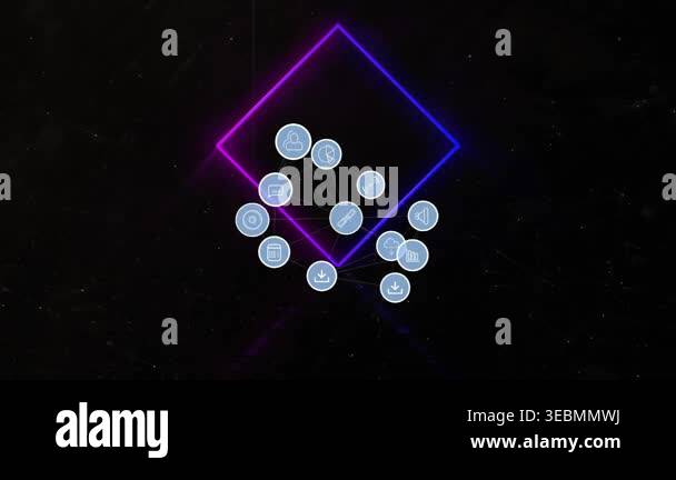 Animation of media icons over neon shapes. Abstract background and ...